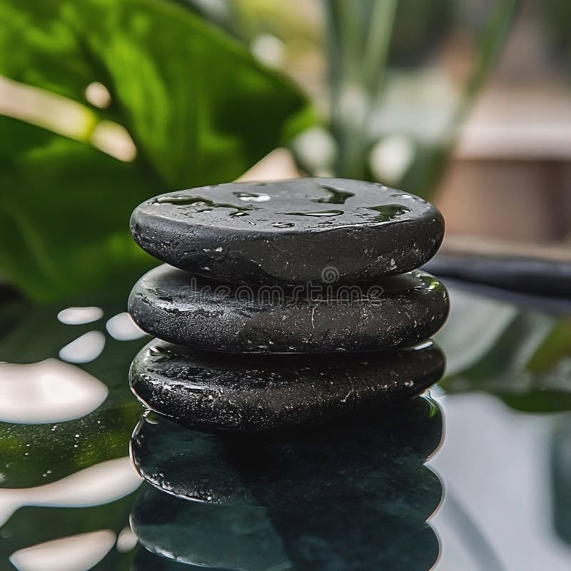 Serene Stack of Smooth Black Stones Reflecting on a Calming Water ...