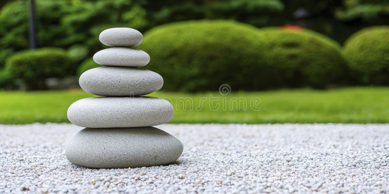 Serene Stack of Smooth Stones in a Peaceful Garden Setting with Green ...