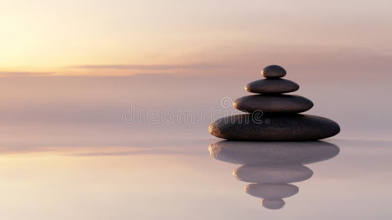 Serene Stack Smooth Stones Reflecting Calm Water Tranquil Sunset Stock ...