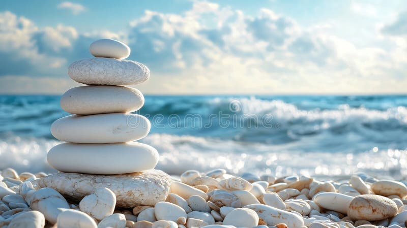 Serene Stack of Smooth White Pebbles Balanced on a Rocky Beach Cloudy ...