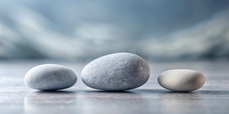Serene Still Life Three Smooth Stones on a Gray Surface Against a Soft ...