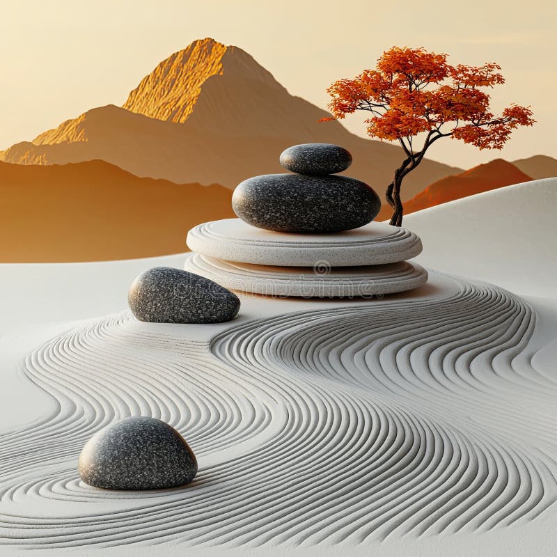 Serene Stone Balance with Mountain and Tree. Stock Illustration ...