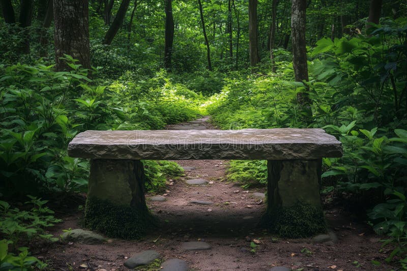 Serene Stone Bench Winding Path Lush Green Forest Midday Stock Photos ...