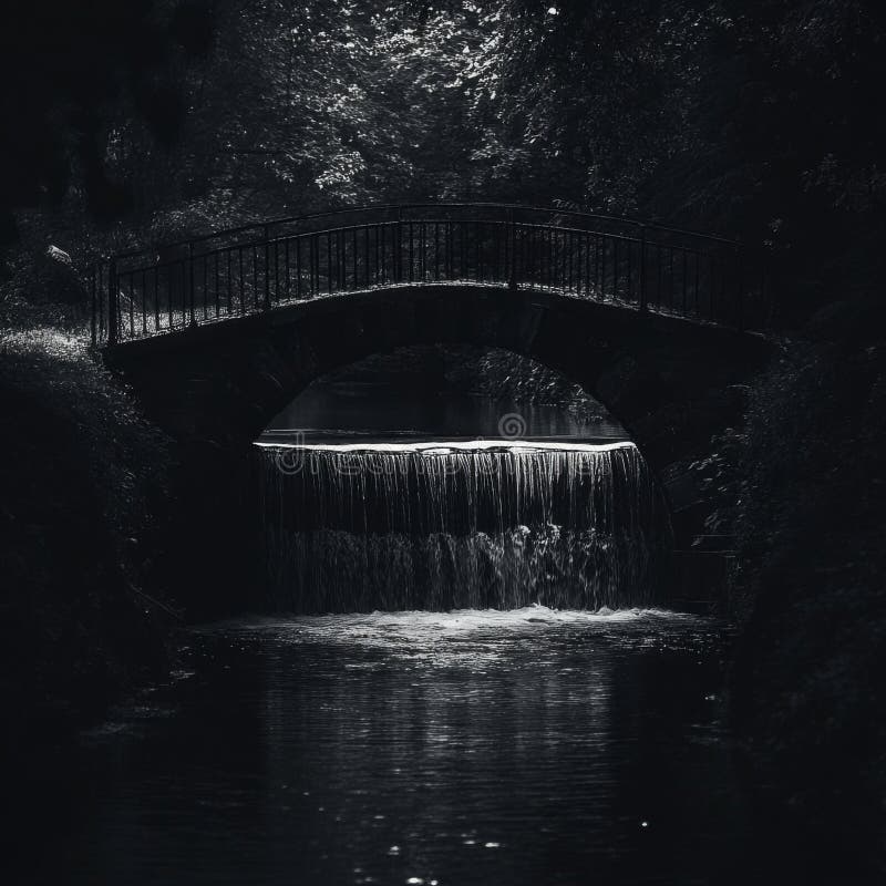Serene Stone Bridge Over Waterfall at Night in Forest Setting Stock ...