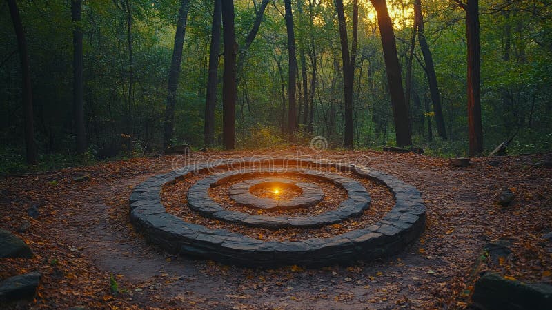 Serene Stone Labyrinth at Sunset Surrounded by Trees in a Tranquil ...