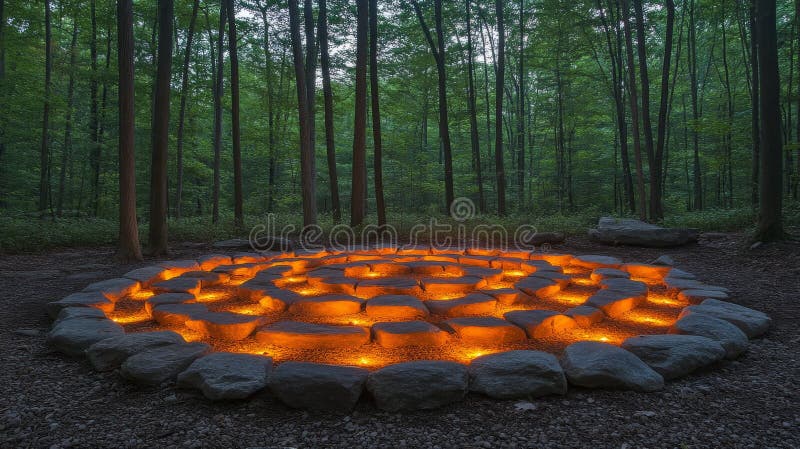 Serene Stone Labyrinth at Sunset Surrounded by Trees in a Tranquil ...