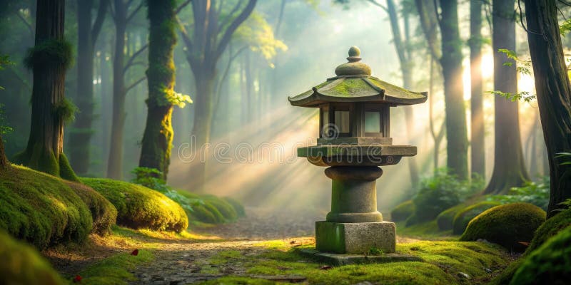 Serene Stone Lantern Illuminates Misty Forest Path at Dawn. Generative ...