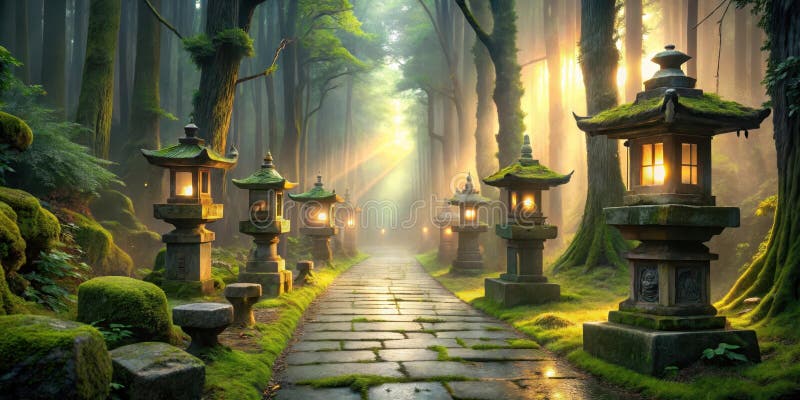 Serene Stone Lanterns Illuminate a Moss-covered Path Winding through a Mystical Forest at ...