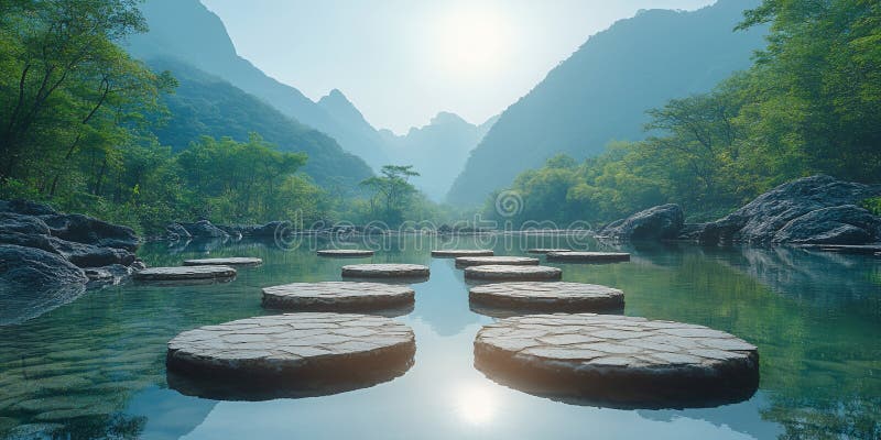 Serene Stone Path Across Tranquil Mountain River Water Peaceful Nature ...