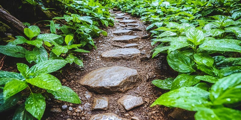 Serene Stone Path through Lush Green Foliage a Tranquil Nature Scene ...