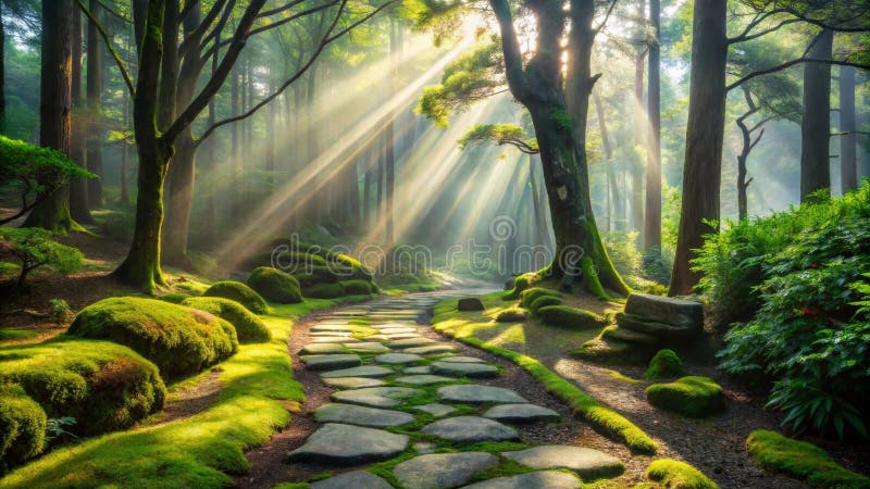 Serene Stone Path through a Sun-dappled Mossy Forest. Generative AI ...