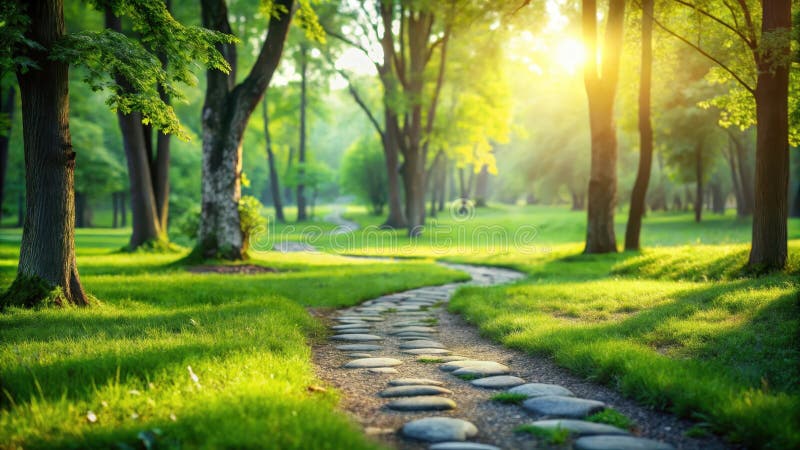 Serene Stone Path Winding through a Sunlit Green Grove. Generative AI ...