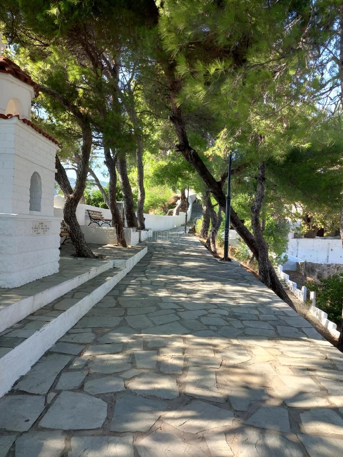 Serene Stone Pathway in a Shaded Park Stock Image - Image of white ...