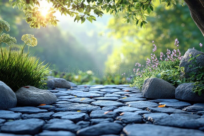 Serene Stone Pathway Surrounded by Greenery in a Sunlit Forest during ...