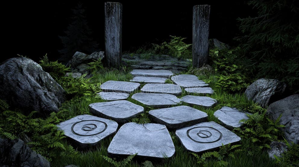 A Serene Stone Pathway Surrounded by Lush Greenery and Rustic Posts ...