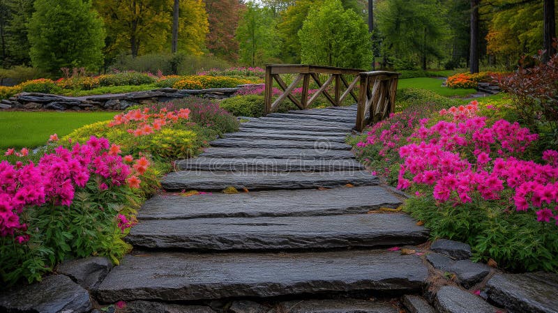 Serene Stone Pathway Vibrant Flower Garden Tranquil Park Setting Stock ...