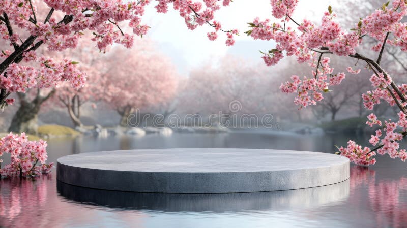 Serene Stone Platform Amidst Blooming Cherry Trees Stock Illustration ...