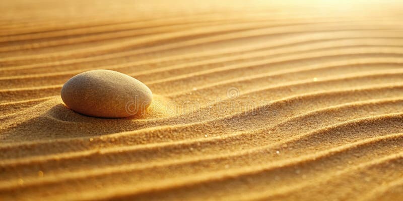 Serene Stone Resting on Gently Undulating Sand, Bathed in Warm Sunlight ...