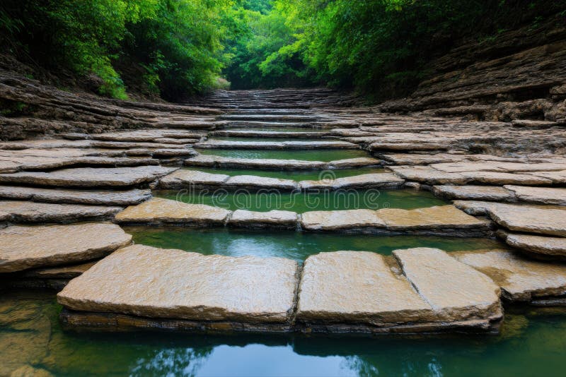 Serene Stone Steps Cascading through a Lush Forest Stream Stock ...