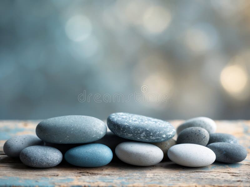 Serene Stones on Rustic Blue and Gray Wood Background. Stock Image ...