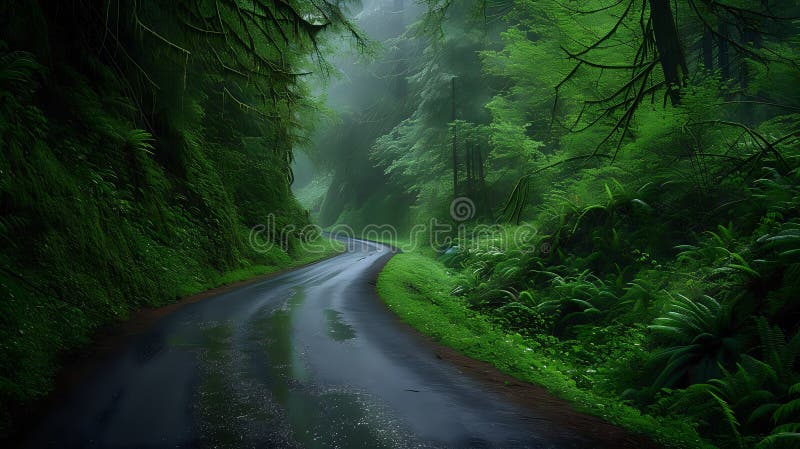 Serene Stream Along Lush Forest Road./n Stock Illustration ...