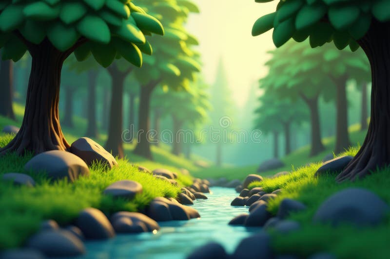 Serene Stream in a Cartoon Forest Stock Illustration - Illustration of ...
