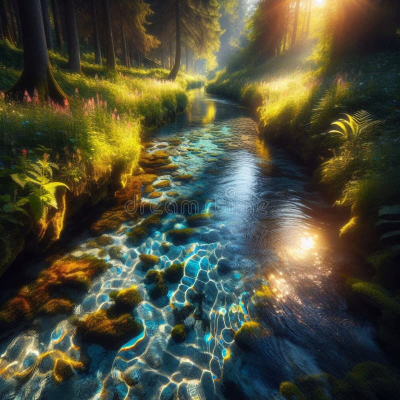 A Serene Stream Flowing through a Lush Forest, with Sunlight Streaming ...