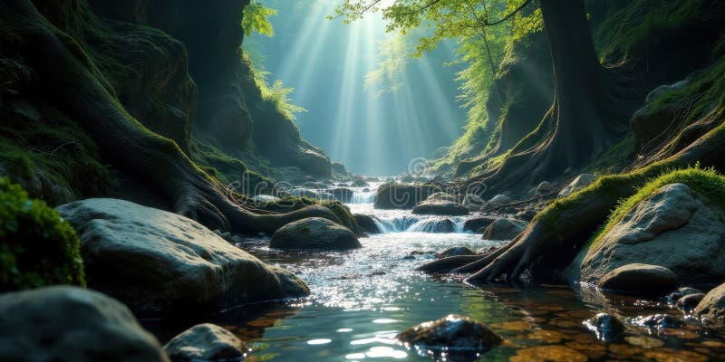 Serene Stream Flowing through Mossy Canyon with Sunlight Rays ...