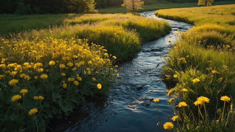 Serene Streamside Meadow with Dandelions in Golden Sunlight Stock ...
