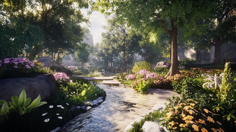Serene Stream Flows through Lush Garden, Sunlight Dappling Flowers and ...