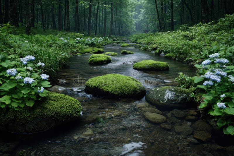 A Serene Stream Flows through a Lush Green Forest. Stock Illustration ...