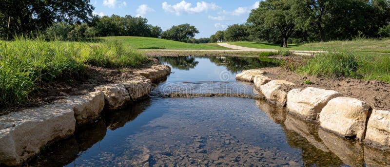 Serene Stream Flows through a Lush Green Golf Course Landscape Stock ...