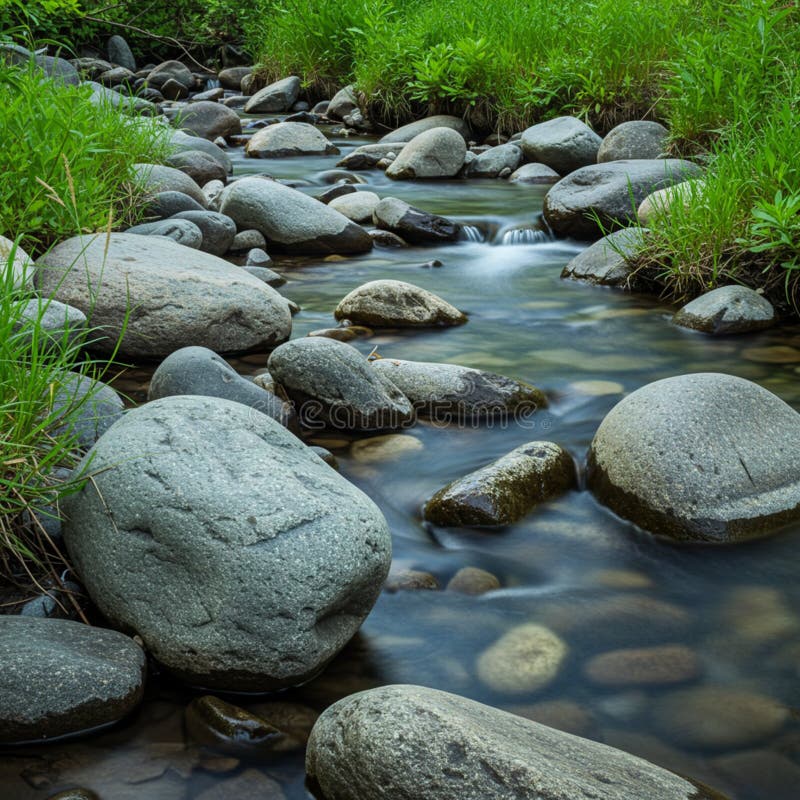 A Serene Stream Flows through a Natural Setting, Surrounded by Smooth ...