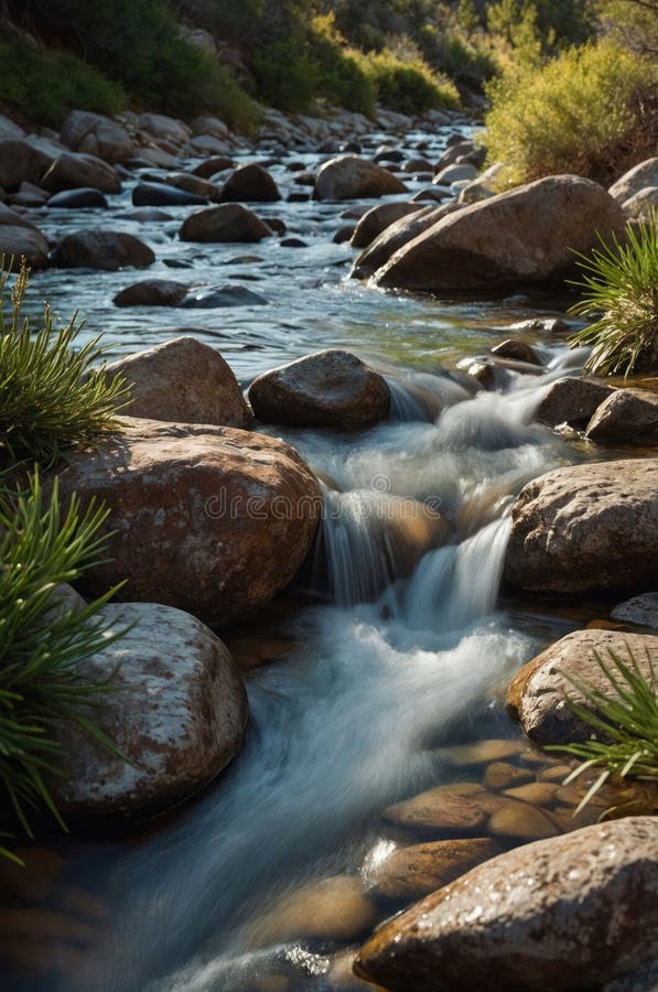 Serene Stream Flowing Over Smooth River Rocks in Nature Stock ...