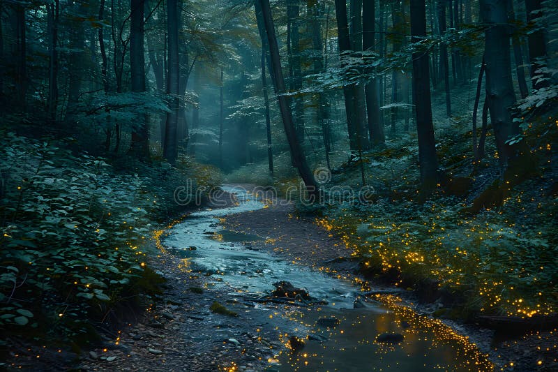 Enchanted Forest Stream in Twilight with Glowing Lights Stock ...