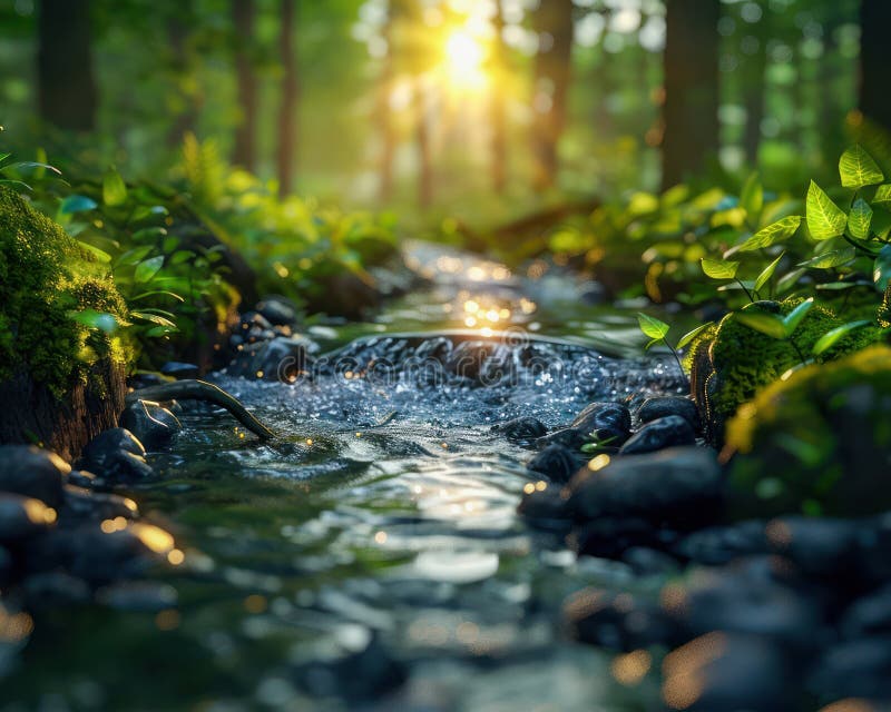Serene Stream Flowing through Lush Green Forest at Sunset, Tranquility ...