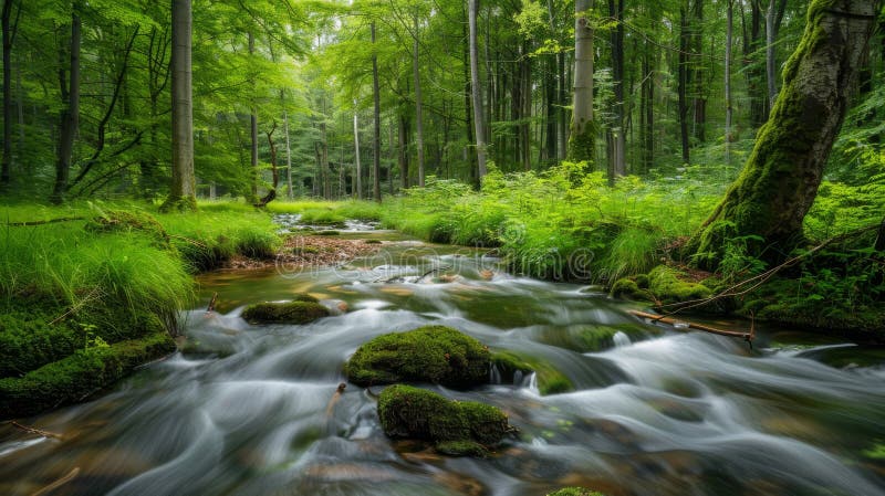 A Serene Stream Rushes through a Vibrant Green Forest, with Sunlight ...