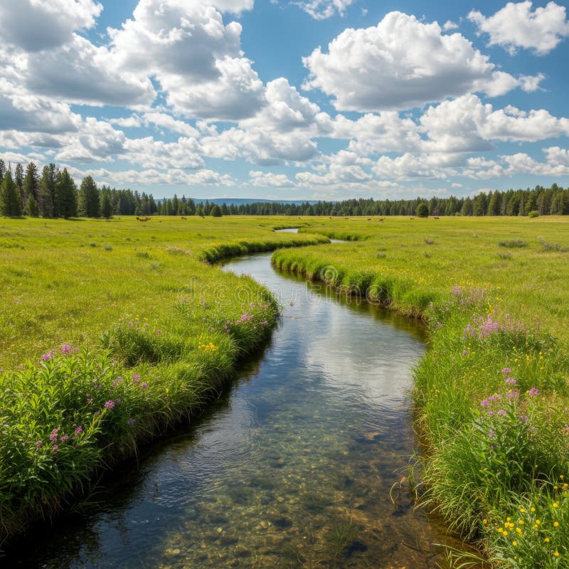 Serene Stream Winding through a Wildflower Meadow Stock Illustration ...