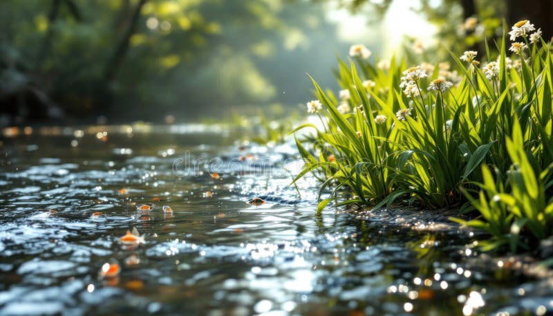 Serene Streamside Flowers Basking in Sunlight Stock Photo - Image of ...
