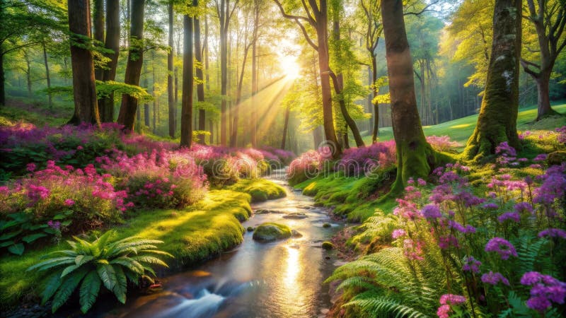 Serene Streamside Sanctuary Sunlit Forest Path with Vibrant Blossoms ...