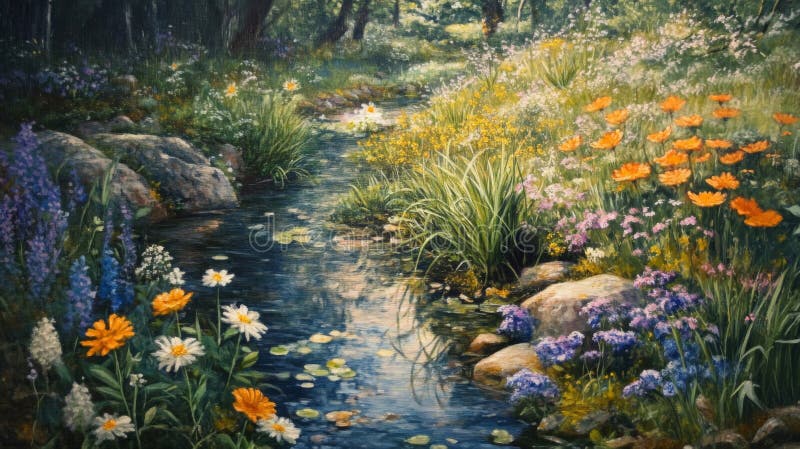 Serene Streamside Wildflower Meadow in Sunlight Stock Illustration ...