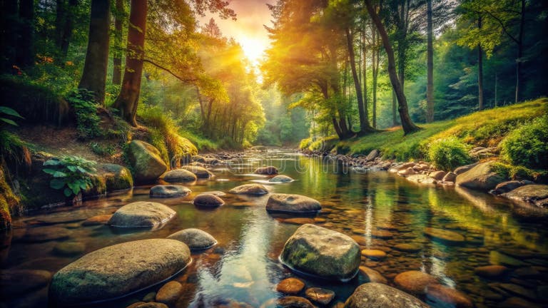 A Serene Stroll through Nature Exploring a Rustic River Stone Pathway Winding through a Lush ...