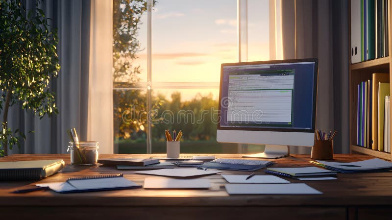 Serene Study Environment with a Computer, Notebooks, and Sunlight ...
