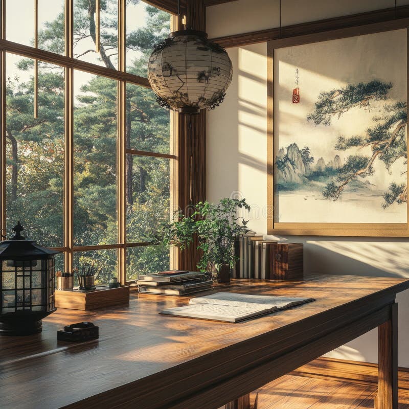 Serene Study Room with Large Windows and Oriental Decor Stock Image ...