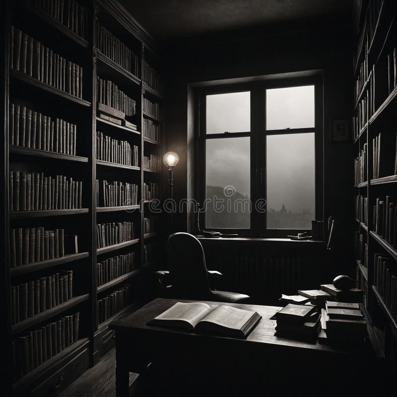 Serene Study Room with Vintage Bookshelf in Moody Lighting Stock ...