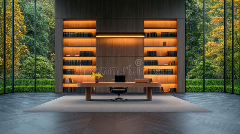 Serene Study Space: a Cozy Library Interior with Bookshelves, Desk ...