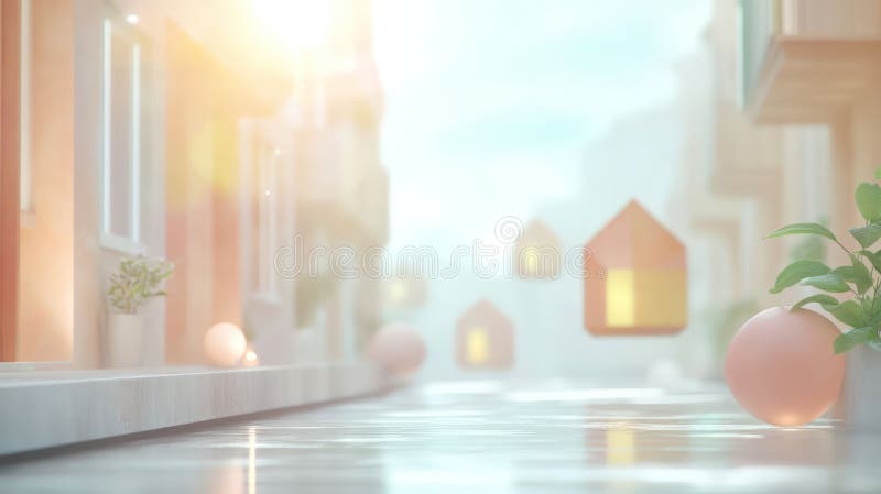 A Serene, Stylized Street Scene with Floating Houses and Soft Lighting ...