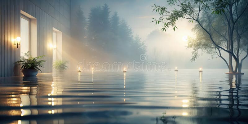 Serene Submersion a Modern Structure Partially Submerged in Still ...