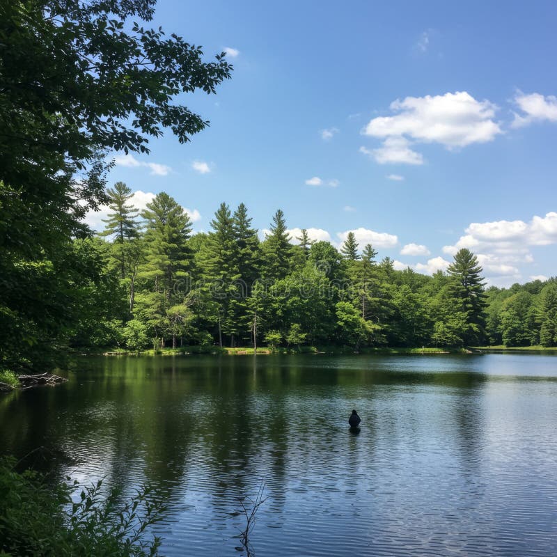 Serene Summer Lake Landscape with Lush Green Trees Stock Illustration ...
