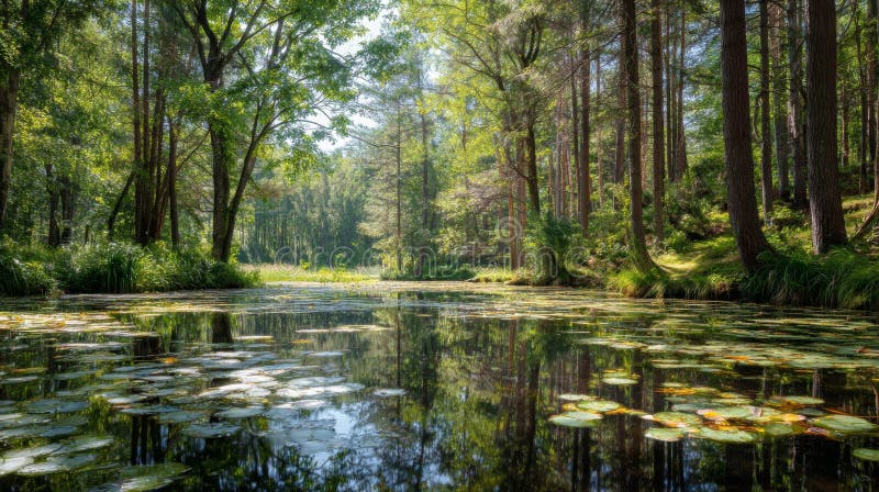 Serene Summer Lake Scene with Lily Pads and Forest Reflection Stock ...